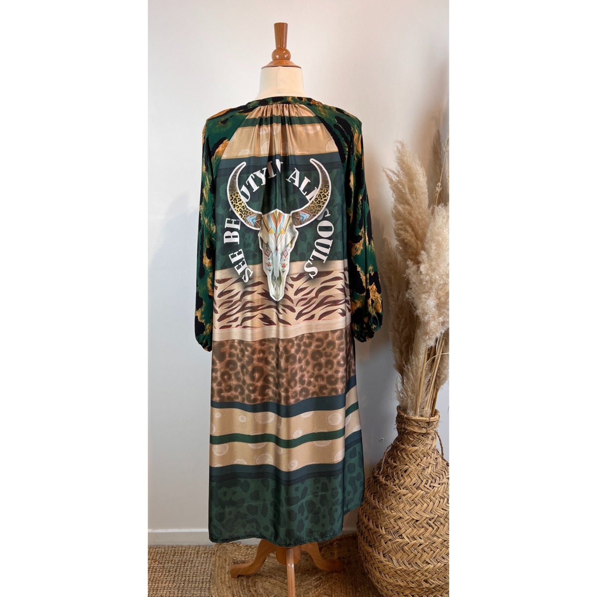 Robe Bohème Verte Imprimé Léopard Tête De Buffle Grande Taille