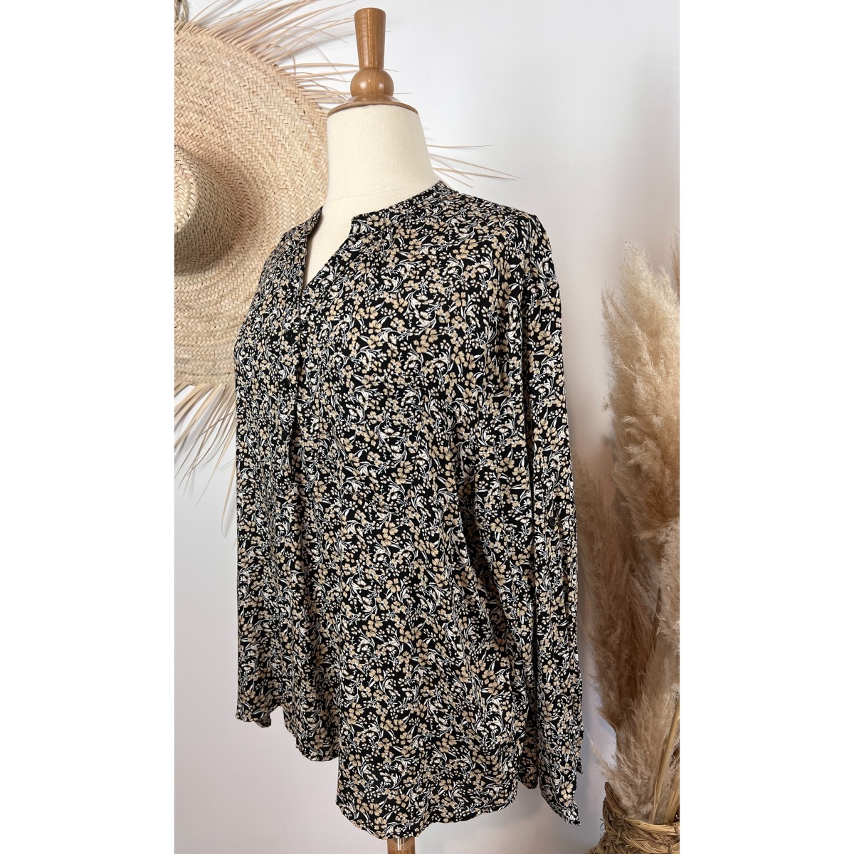 Tunique Liberty Fleurie Noire Bohème Grande taille - PASSION BOHEME