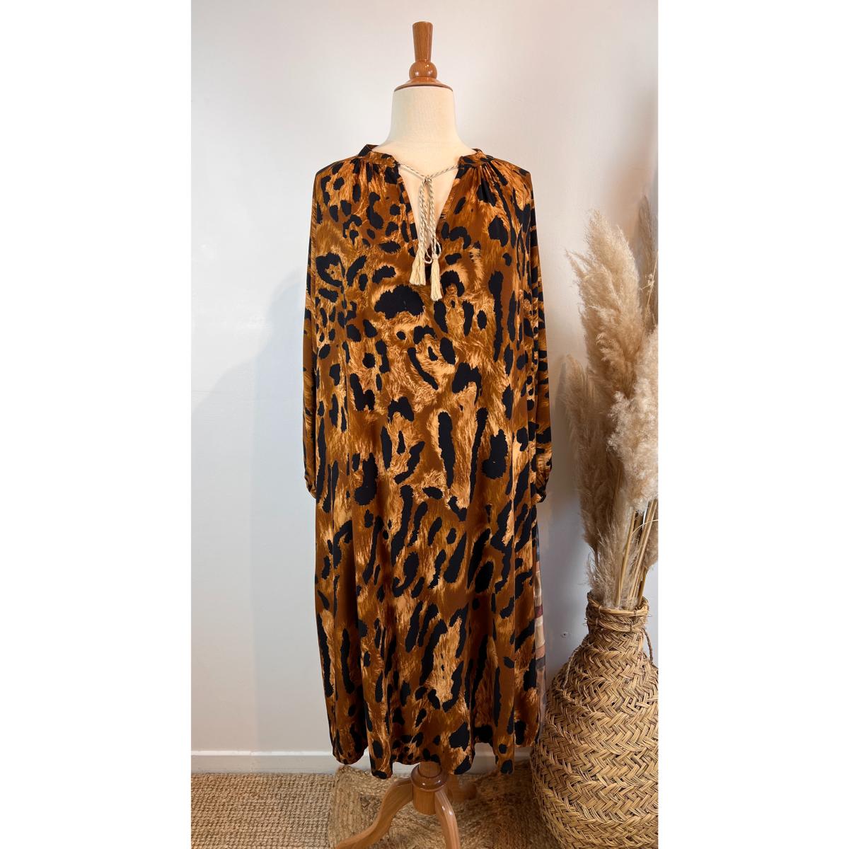 Robe Bohème Léopard Camel Imprimé Tête De Buffle Grande Taille