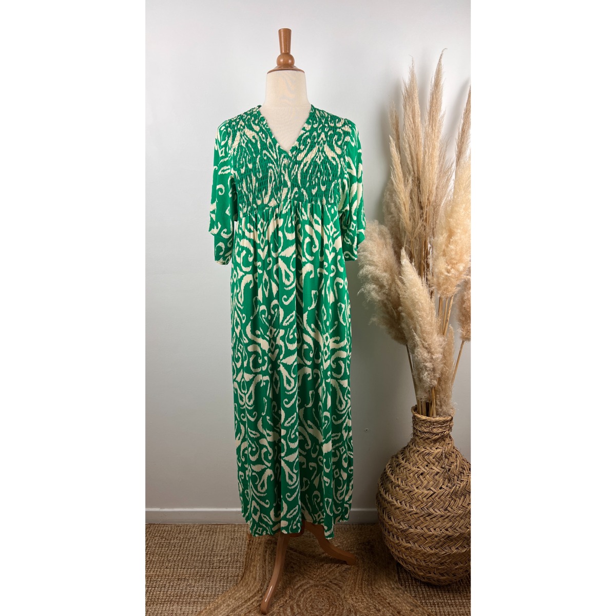 Robe longue bohème imprimés smocks grande taille - vert