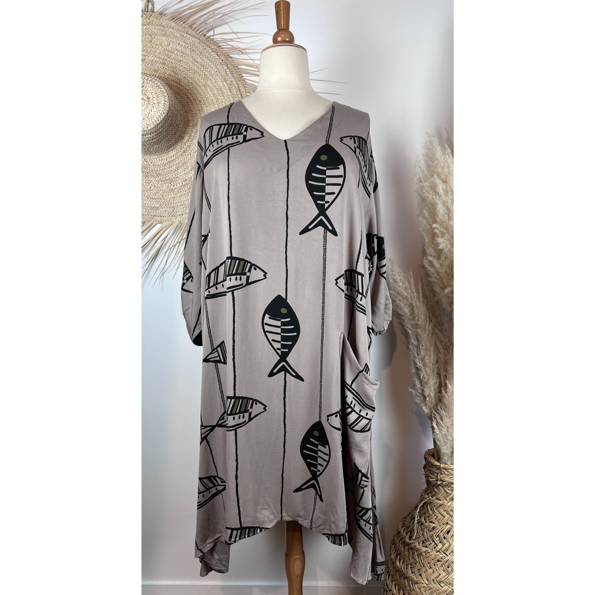 Robe Taupe Poissons Tencel Coton Grande Taille - PASSION BOHEME